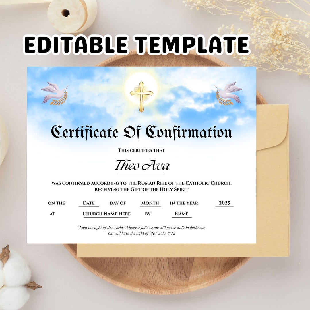 Confirmation Certificate Template, Printable Editable Certificate of ...