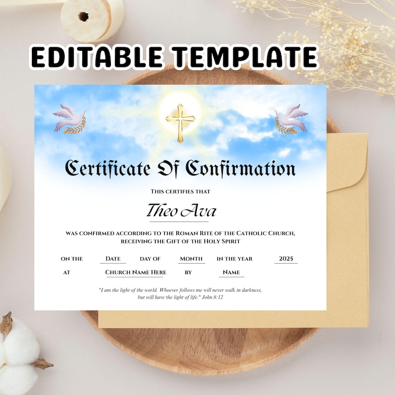 Confirmation Certificate Template, Printable Editable Certificate of ...