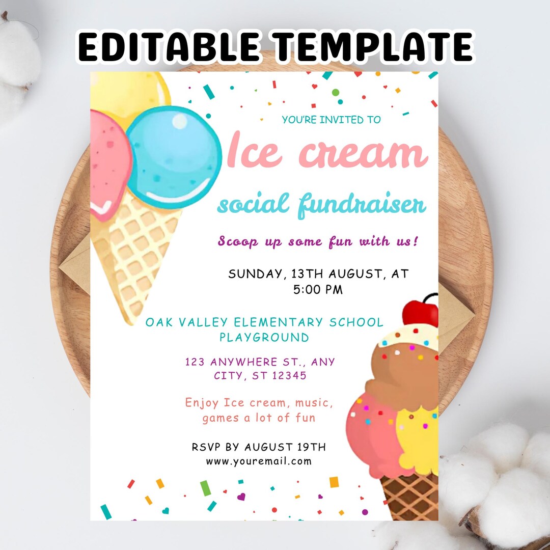 Ice Cream Social Invitation: Editable Canva Template (5x7 In, Digital ...