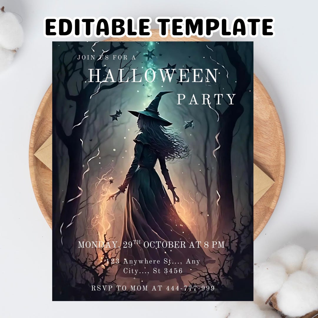 Editable Witch Halloween Invitation | Spooky Party Canva Template ...