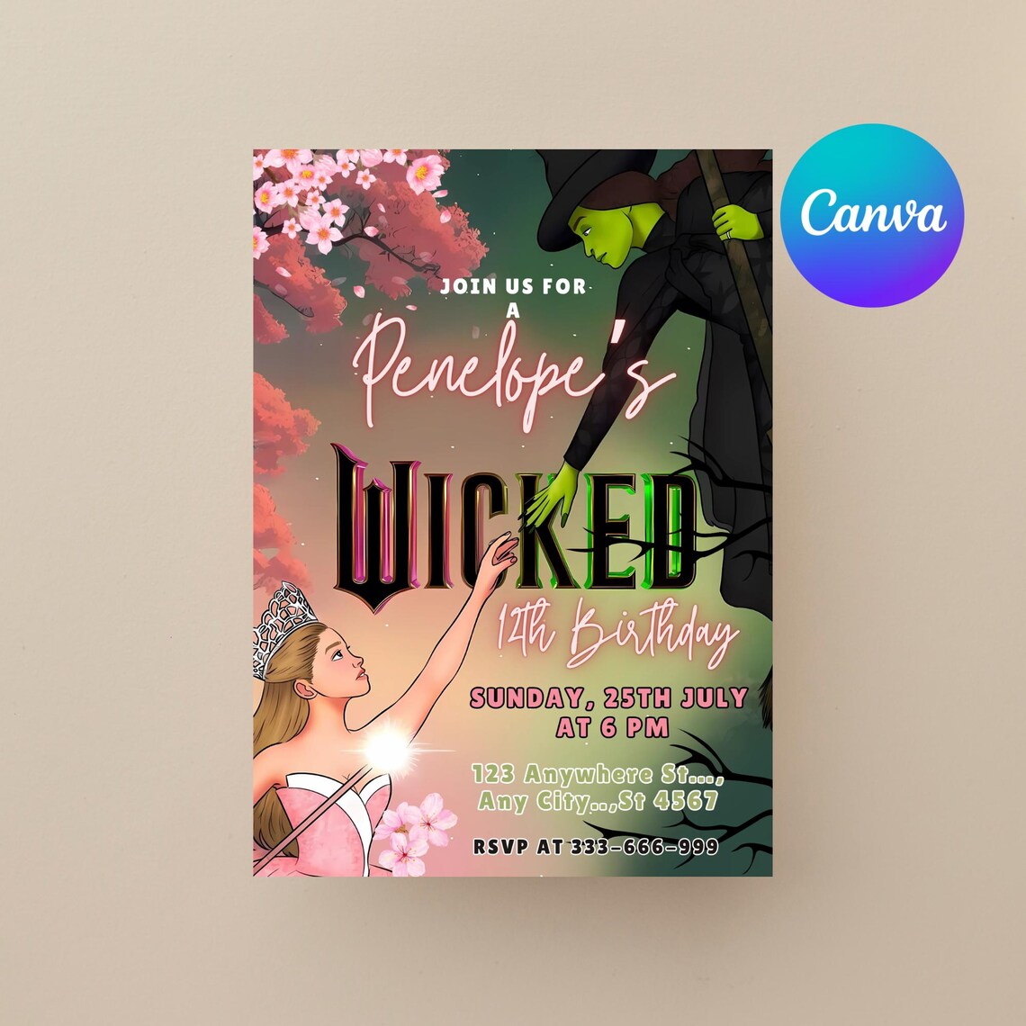 Wicked Birthday Party Invitation: Elphaba & Glinda Theme (canva ...