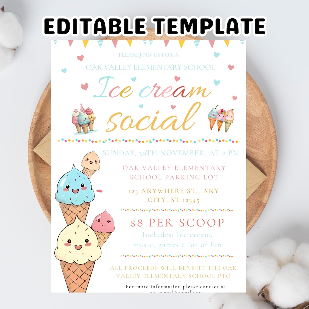 Editable Ice Cream Social Flyer Template, Printable Sundae Social ...