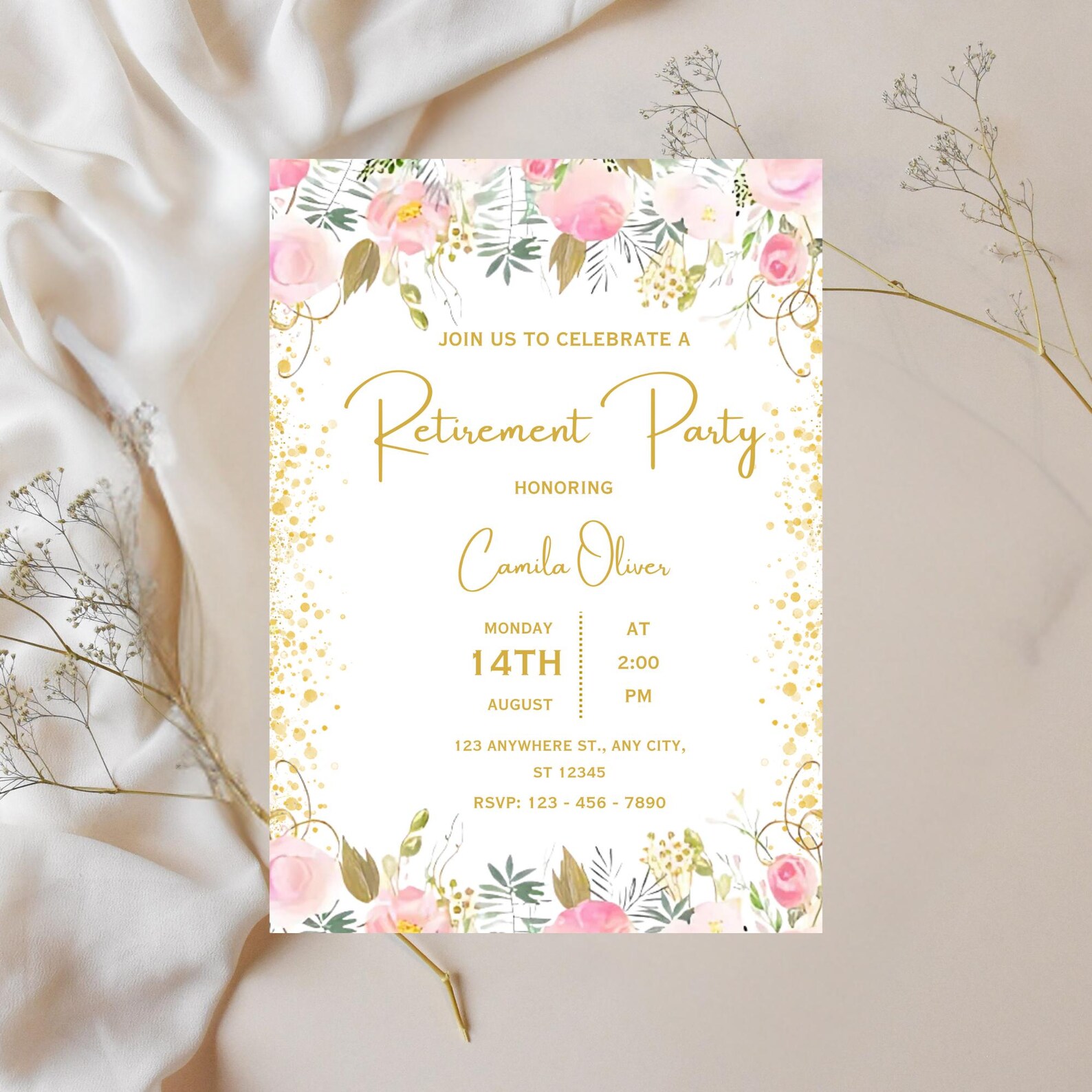 Blush Pink Floral Retirement Party Invitation: Editable Canva Template ...