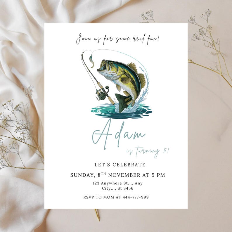 Editable Bass Fishing Birthday Invitation: Portrait Design (digital ...