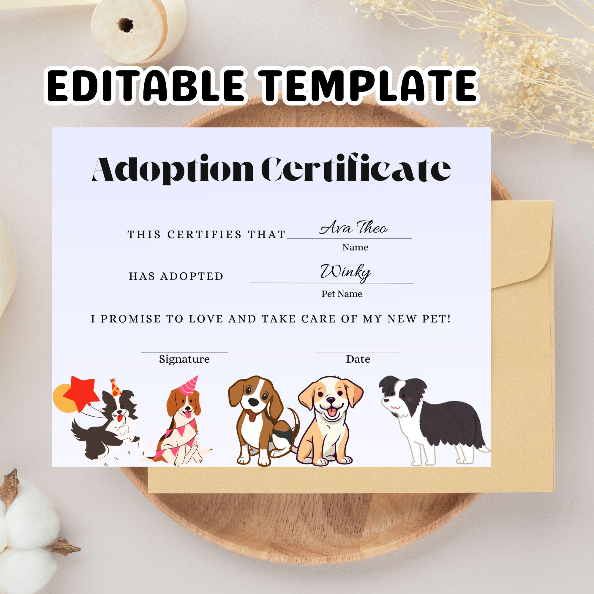 Editable Dog Adoption Certificate Template: Printable Birthday Sign ...