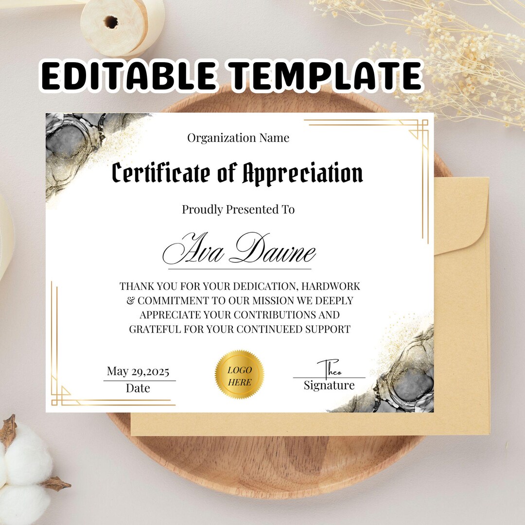Editable Certificate of Appreciation Canva Template, Online Editable ...