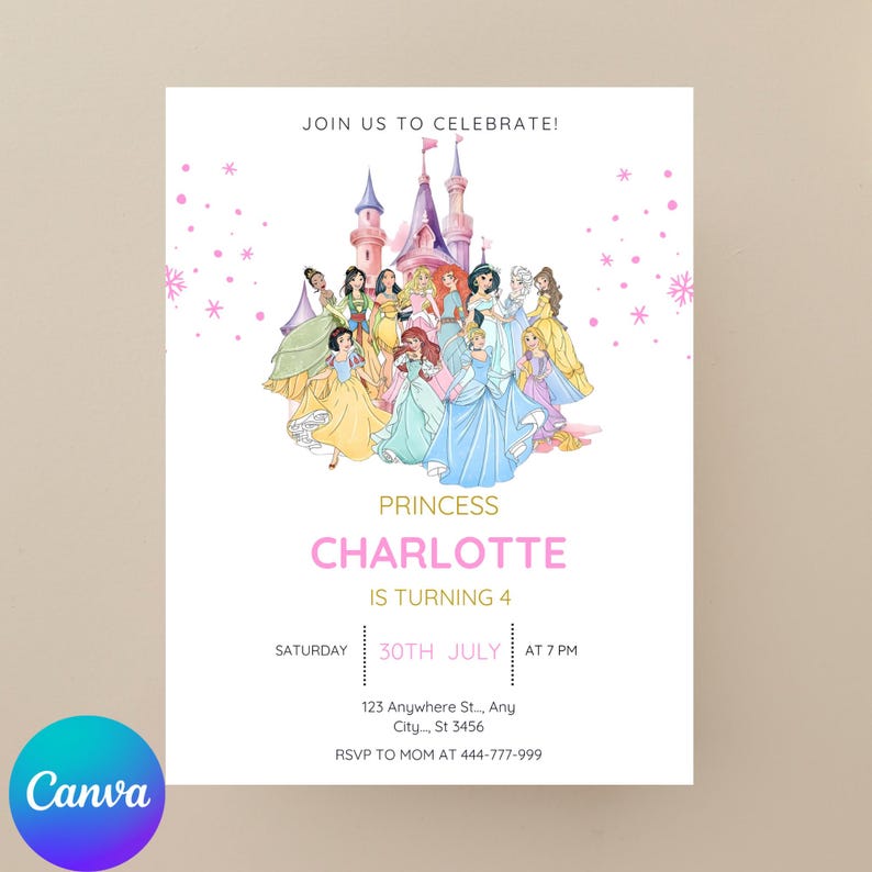 Watercolor Princess Birthday Invitation, Editable Girls Party Invite ...