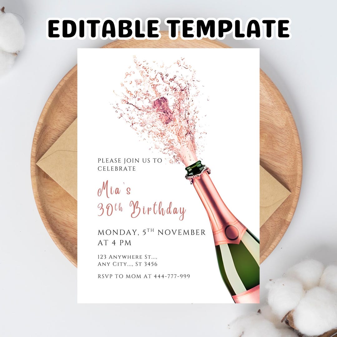 Champagne Birthday Invitation: Customizable Party Invite (digital ...