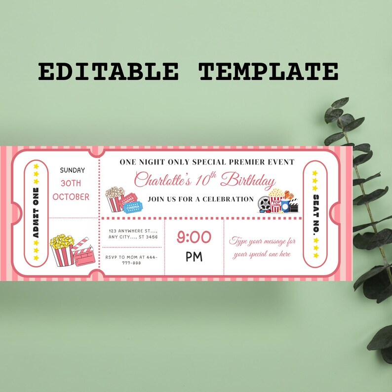 Pink Movie Night Invitation: Vintage Ticket Stub, Birthday Party ...