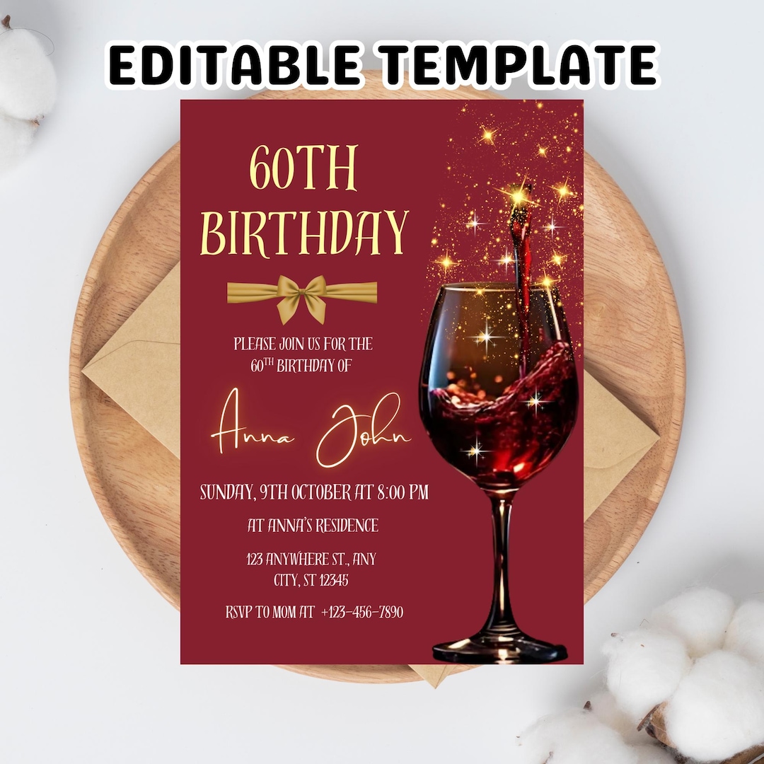 Maroon & Gold 60th Birthday Invitation: Red Wine Theme (digital ...