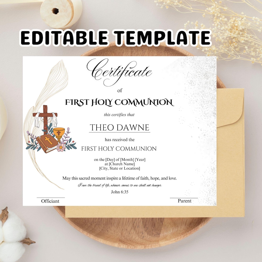 Editable First Communion Certificate Template: Printable Church Gift - Etsy