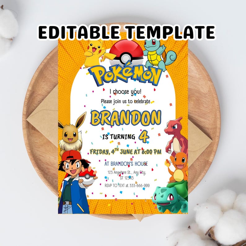 Editable Pokemon Birthday Invitation, Printable Party Invite (canva ...