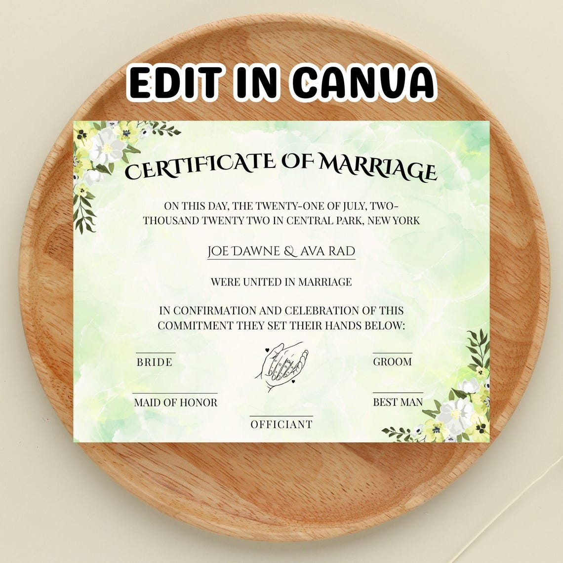 Modern Marriage Certificate Template: Editable Canva Design (digital ...