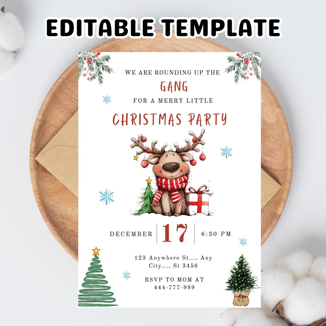 Editable Reindeer Christmas Party Invitation, Holiday Template (digital ...