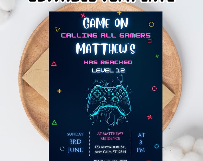 Editable Videogame Invitation | Digital Neon Video Gamer Printable ...