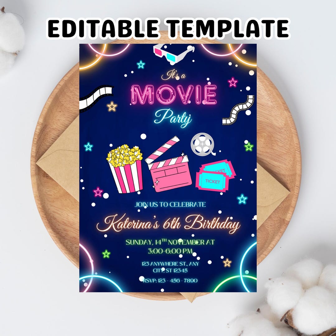 Pink Movie Night Birthday Invitation: Editable Cinema Party (canva PDF ...