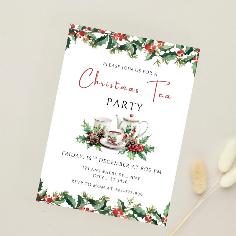 Editable Christmas Tea Party Invitation, Holiday Floral (digital ...