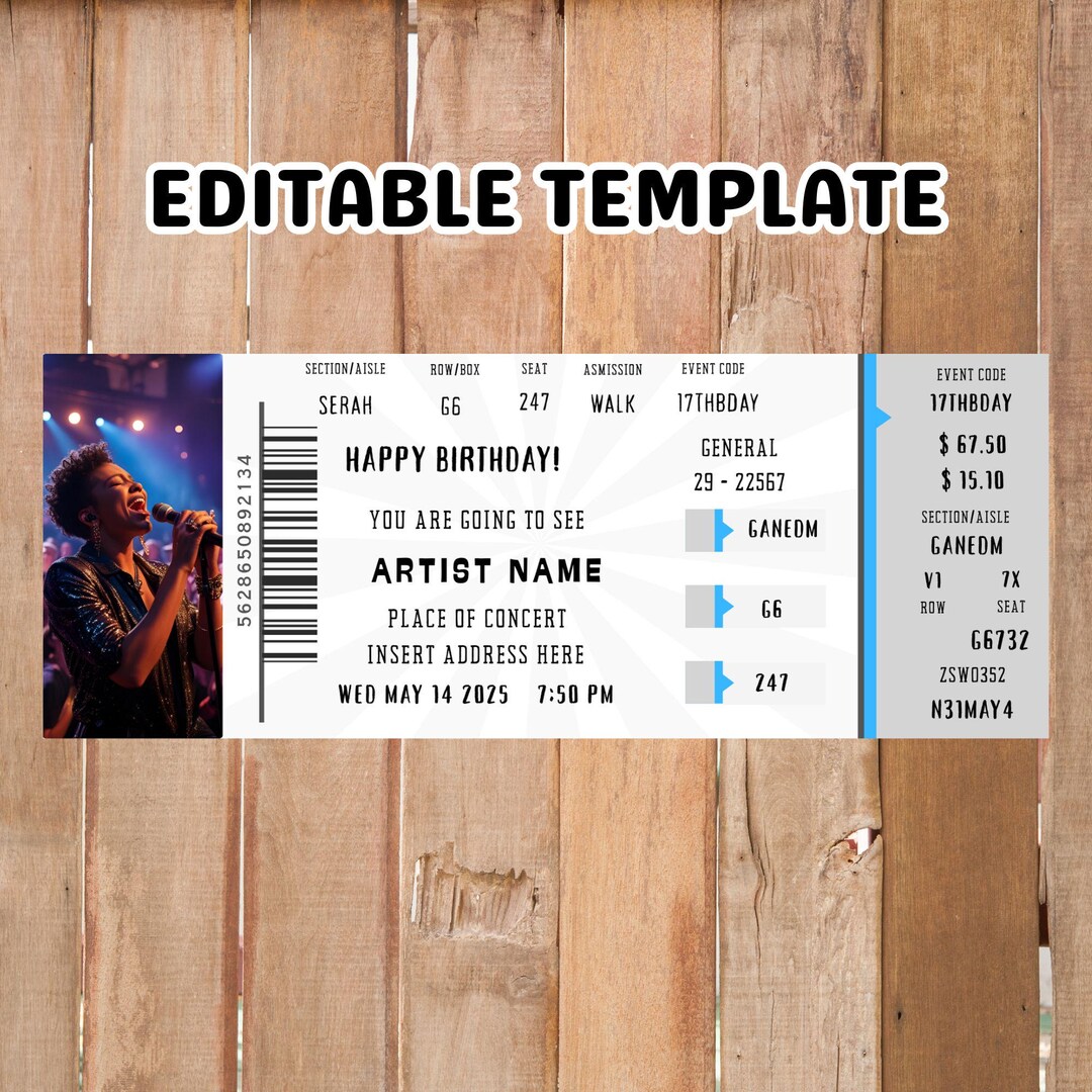 Editable Concert Ticket Template, Custom Concert Ticket Gift, Concert ...