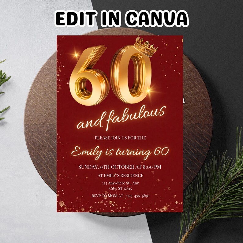 Editable 60th Birthday Invitation: Gold & Red Party Template (digital ...
