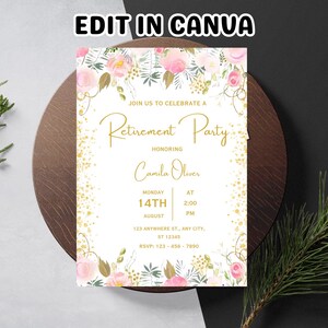 Blush Pink Floral Retirement Party Invitation: Editable Canva Template ...