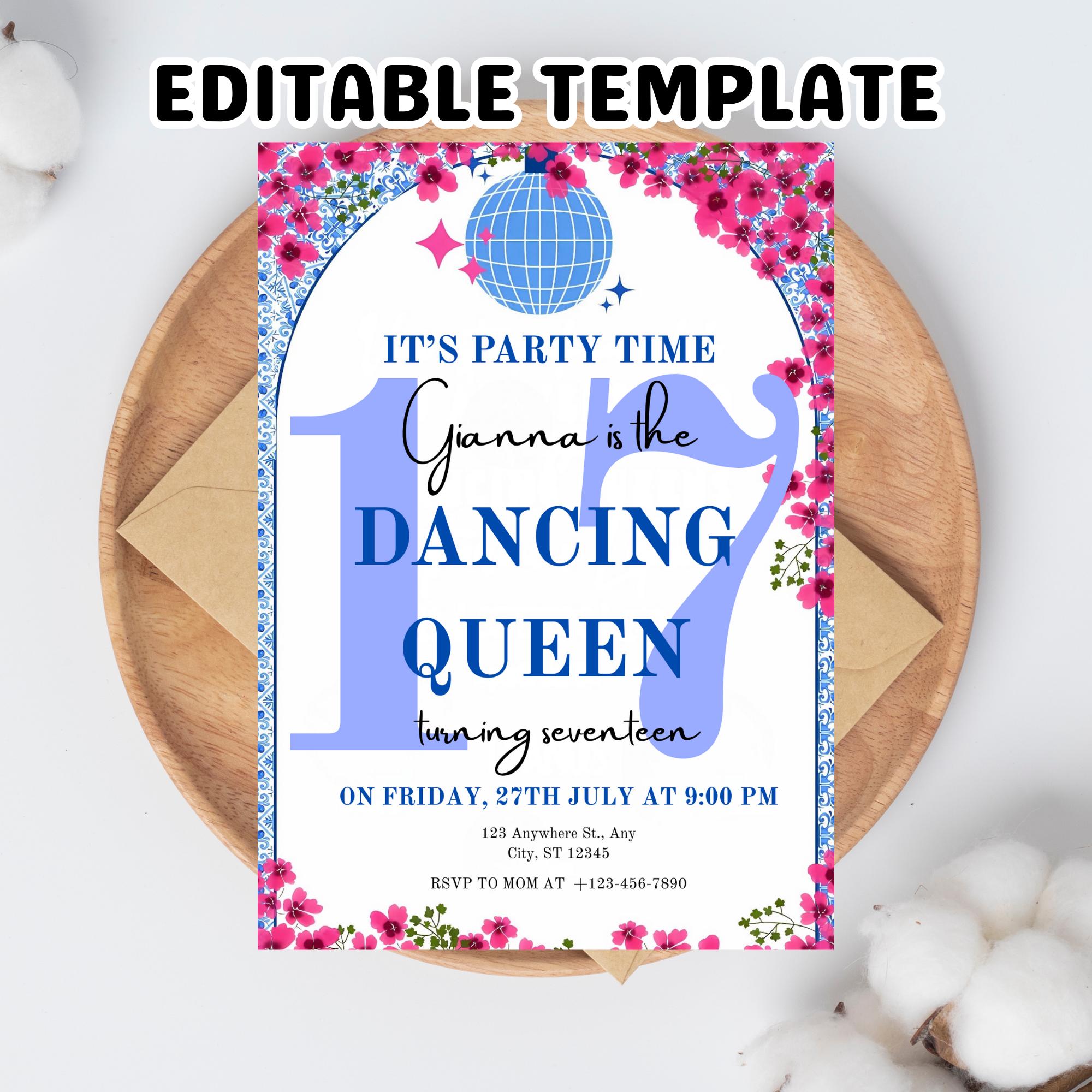 Dancing Queen 17th Birthday Invitation: Mamma Mia Theme, Editable Canva ...
