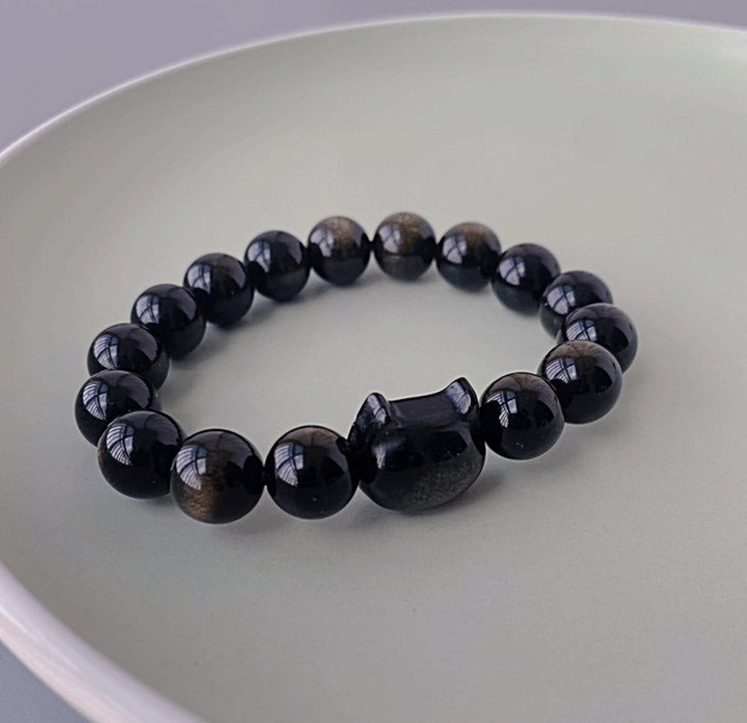 Black Obsidian Cat Beads Bracelet,cat Lover Bracelet,black Stone ...