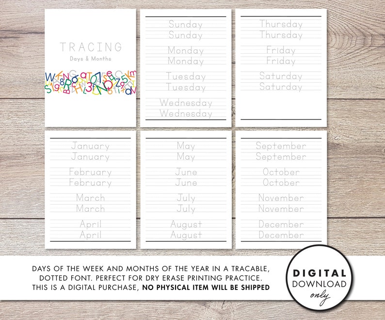 Traceable Days and Months Worksheets - PRINTABLE - Instant Download - Etsy