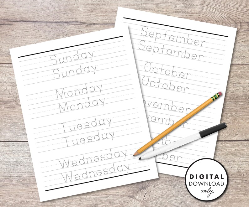 Traceable Days and Months Worksheets - PRINTABLE - Instant Download - Etsy