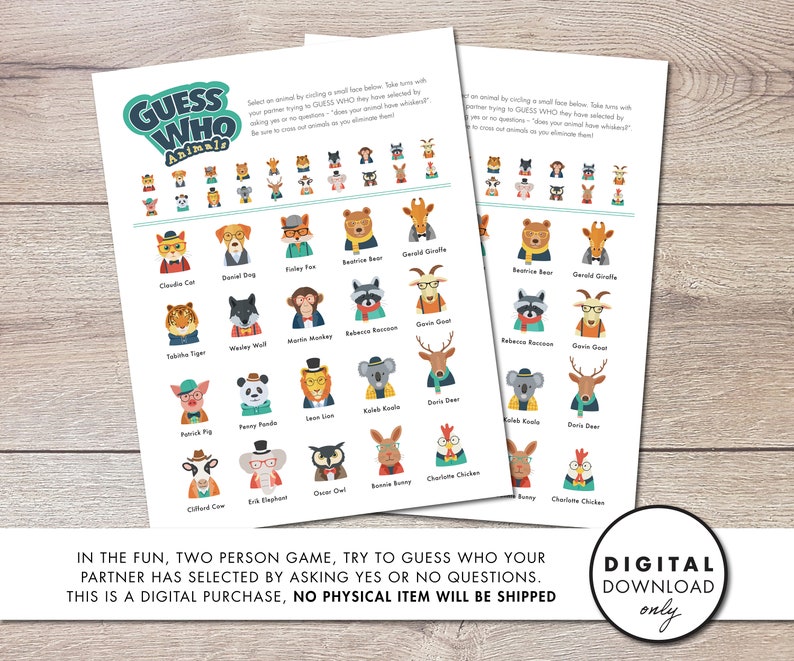 Animal Guess Who Dry Erase Game - PRINTABLE - Digital Download - Etsy