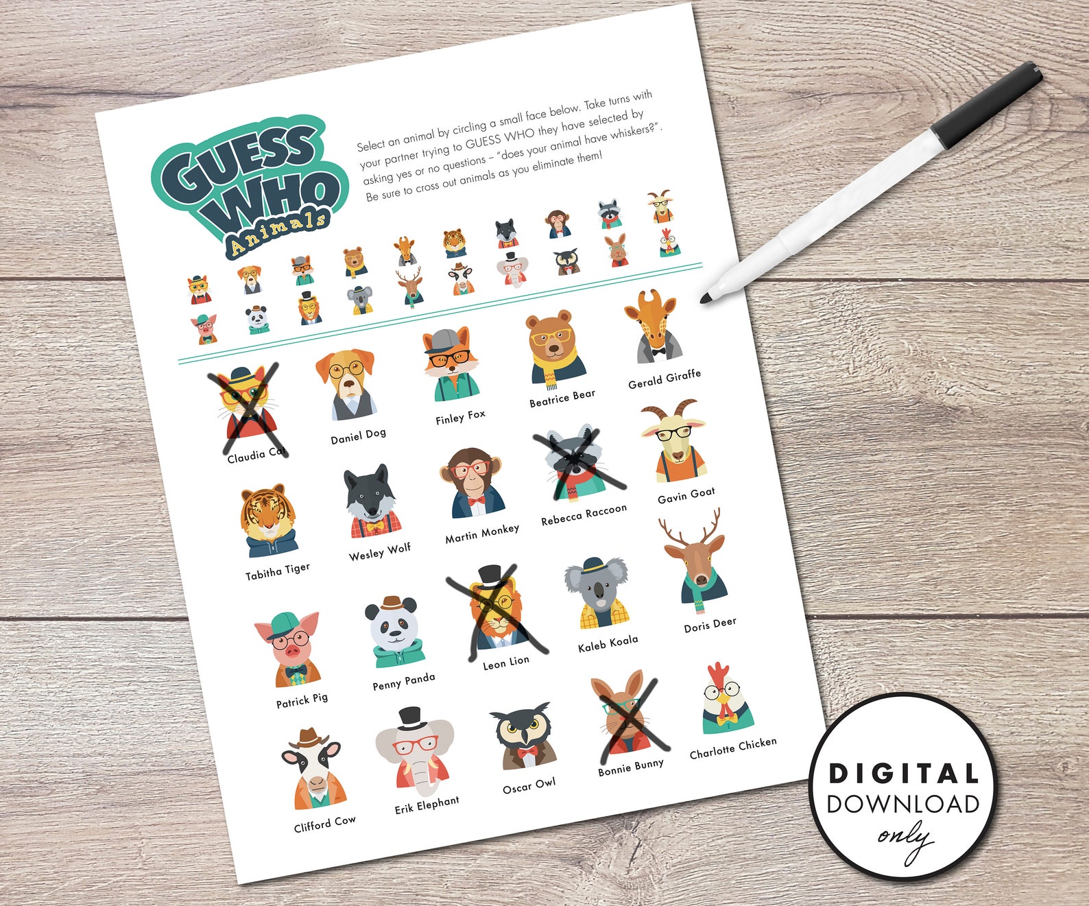 Animal Guess Who Dry Erase Game - PRINTABLE - Digital Download - Etsy