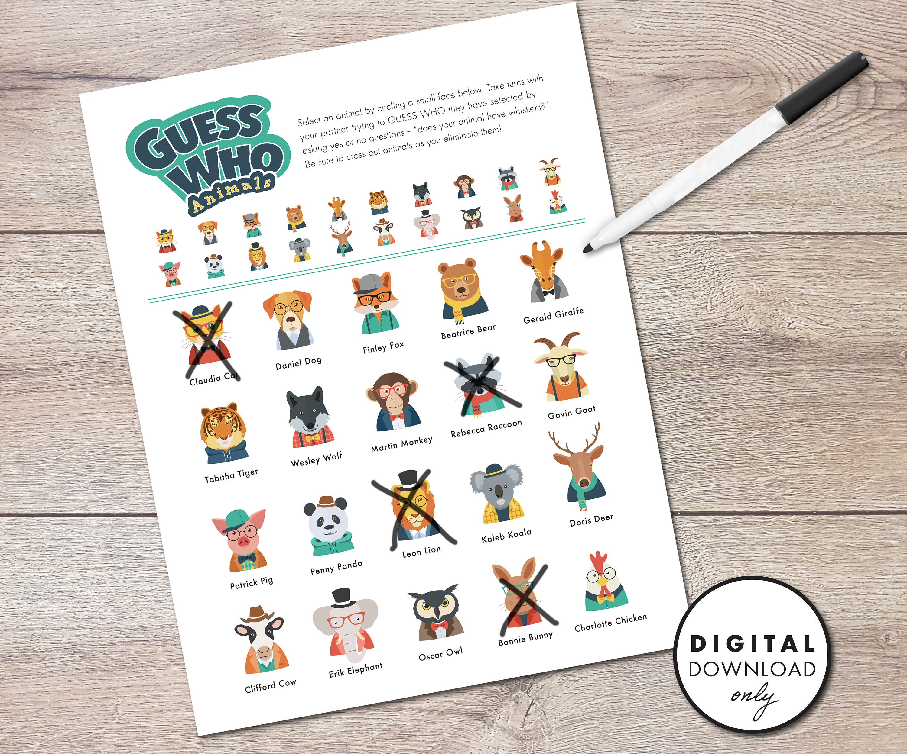 Animal Guess Who Dry Erase Game - PRINTABLE - Digital Download - Etsy