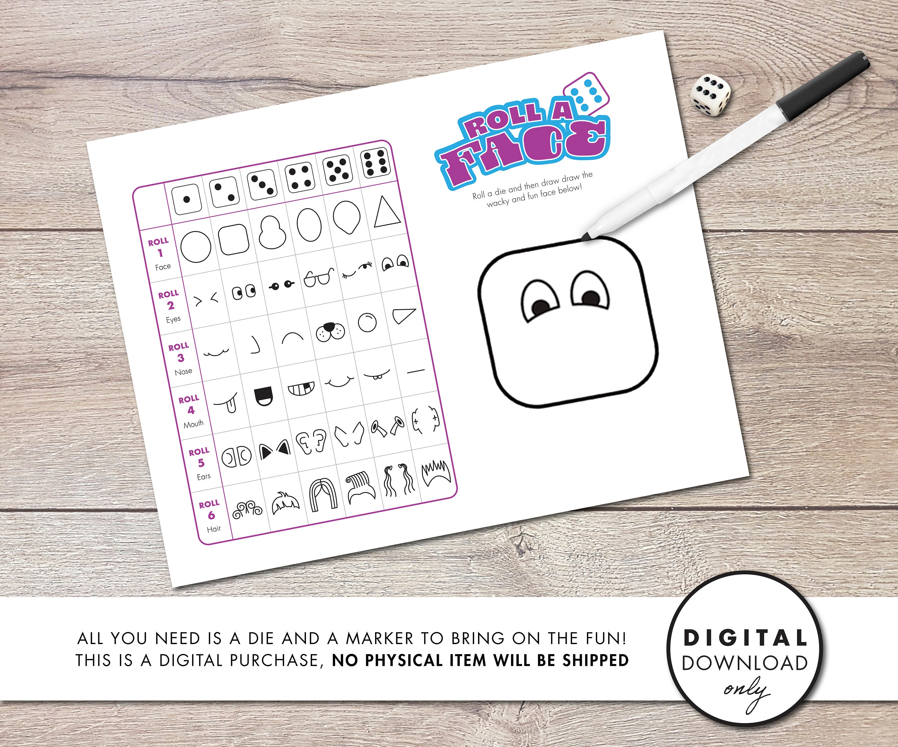 Roll-a-face Dry Erase Game - PRINTABLE - Digital Download - Etsy