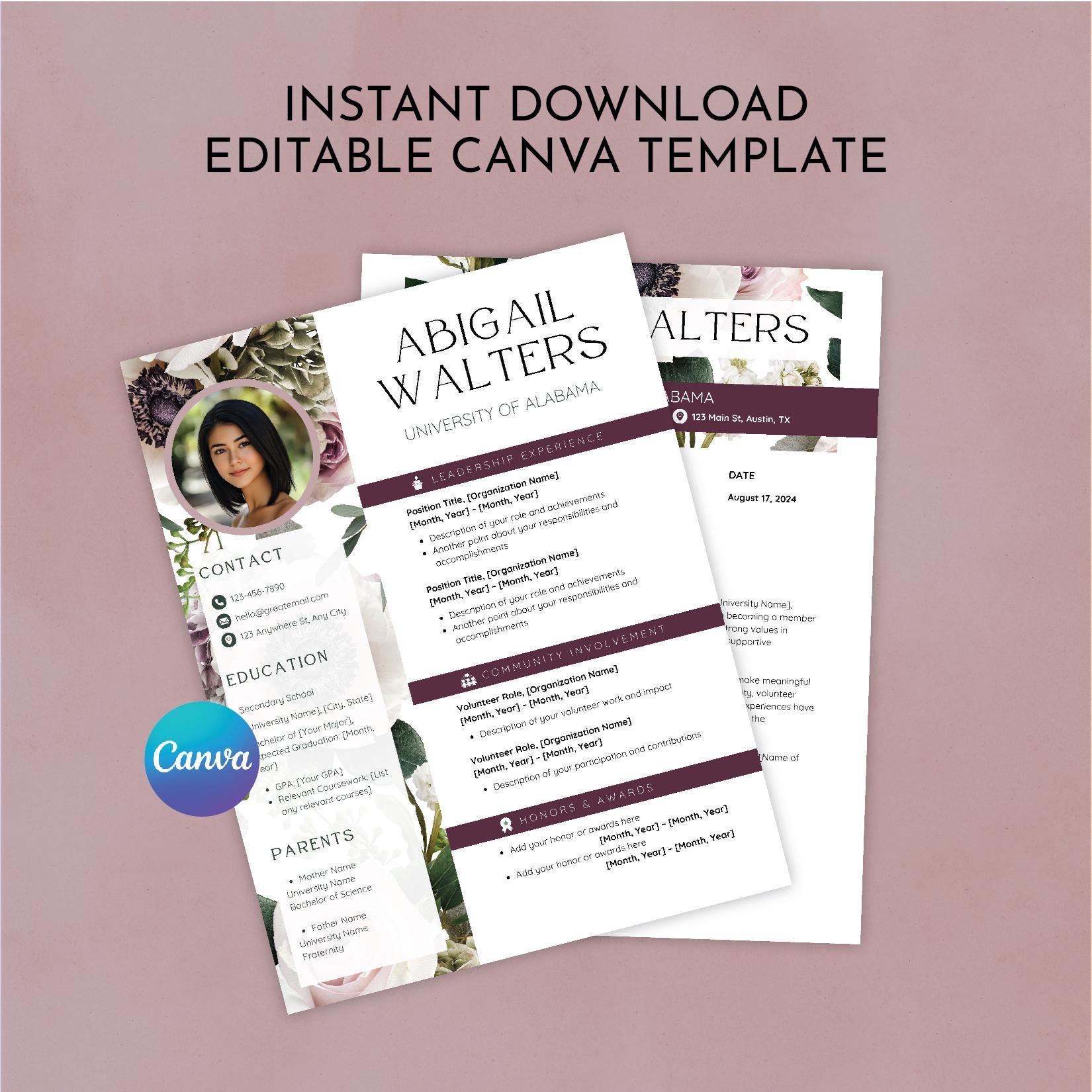 Elegant Floral Resume & Cover Letter Template | Deep Purple Tones ...