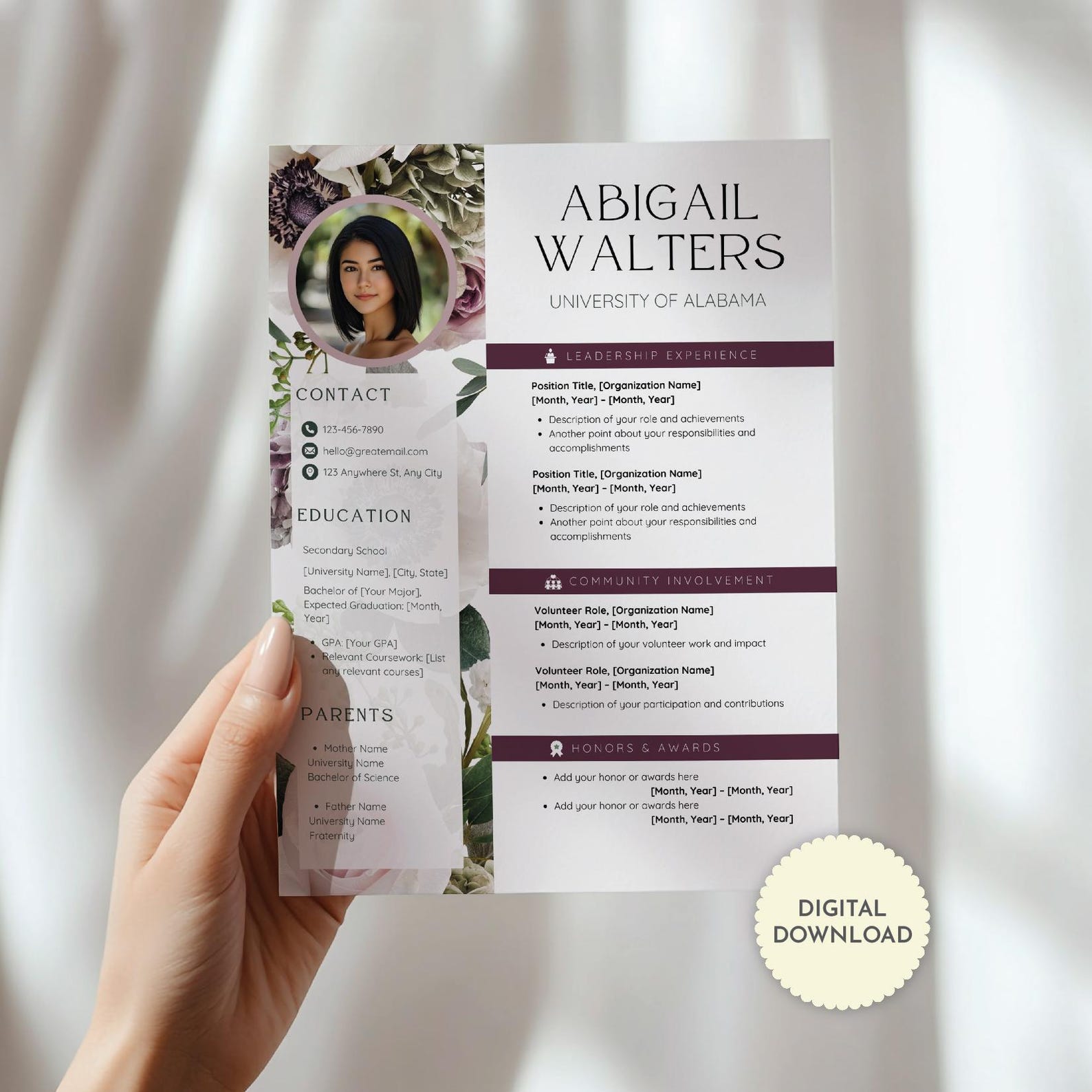 Elegant Floral Resume & Cover Letter Template | Deep Purple Tones ...