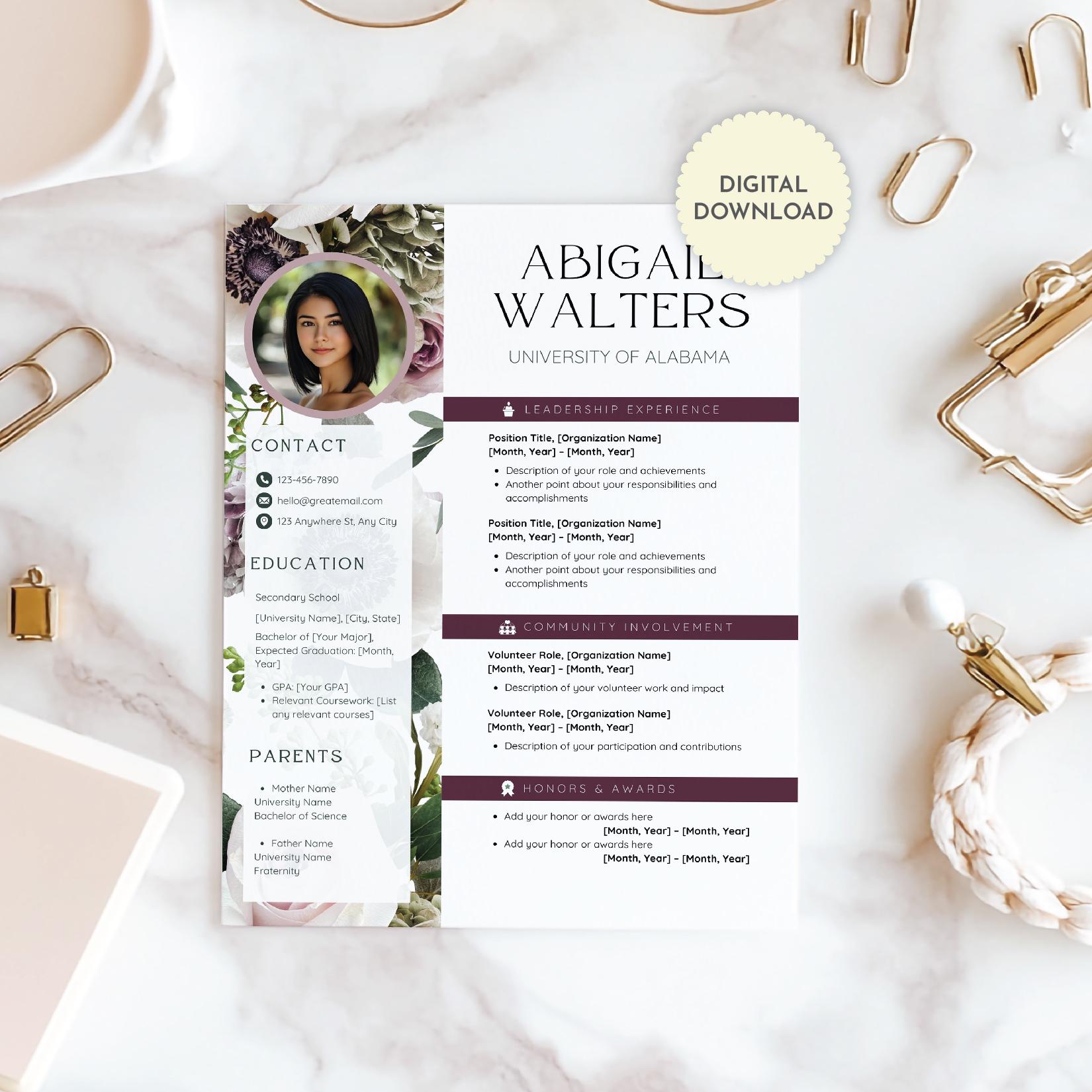 Elegant Floral Resume & Cover Letter Template | Deep Purple Tones ...