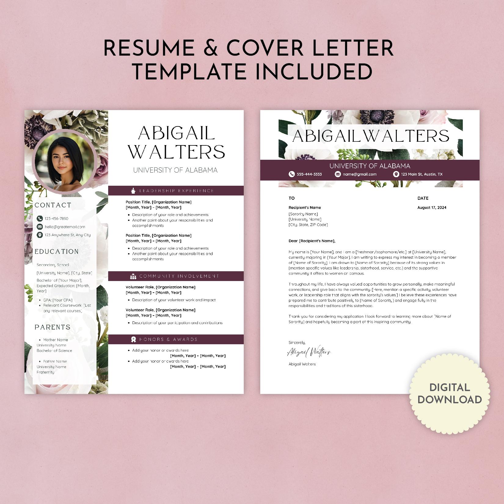 Elegant Floral Resume & Cover Letter Template | Deep Purple Tones ...