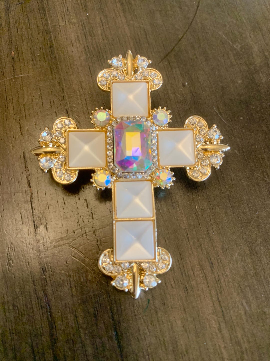 Pearlescent White Rhinestone Cross Womens Brooch - Western Ranch ...