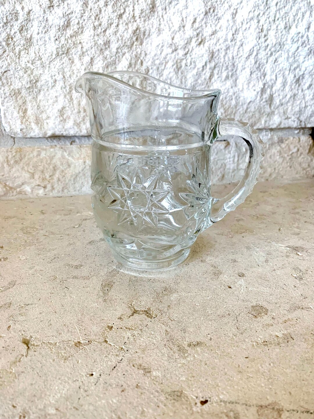 Small Vintage Glass Pitcher - Star Pattern Etched Glass Antique Pitcher ...