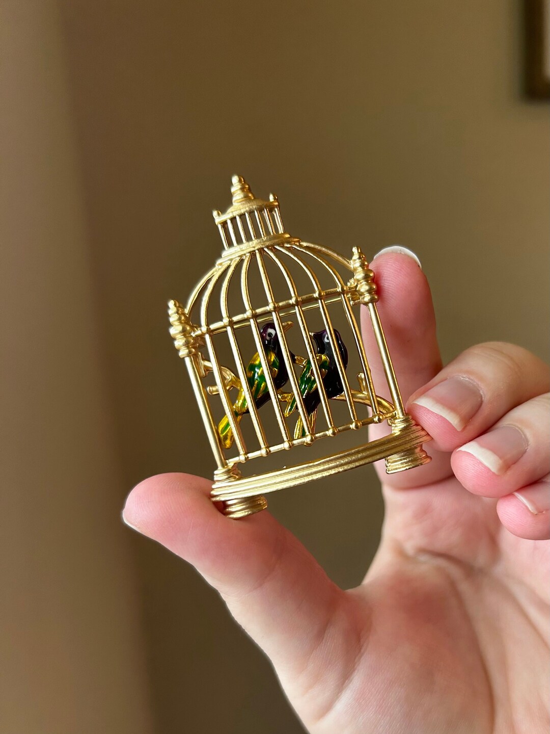 Gold Tone Enamel Bird Cage With 2 Birds Brooch - Bird Lapel Pin for ...