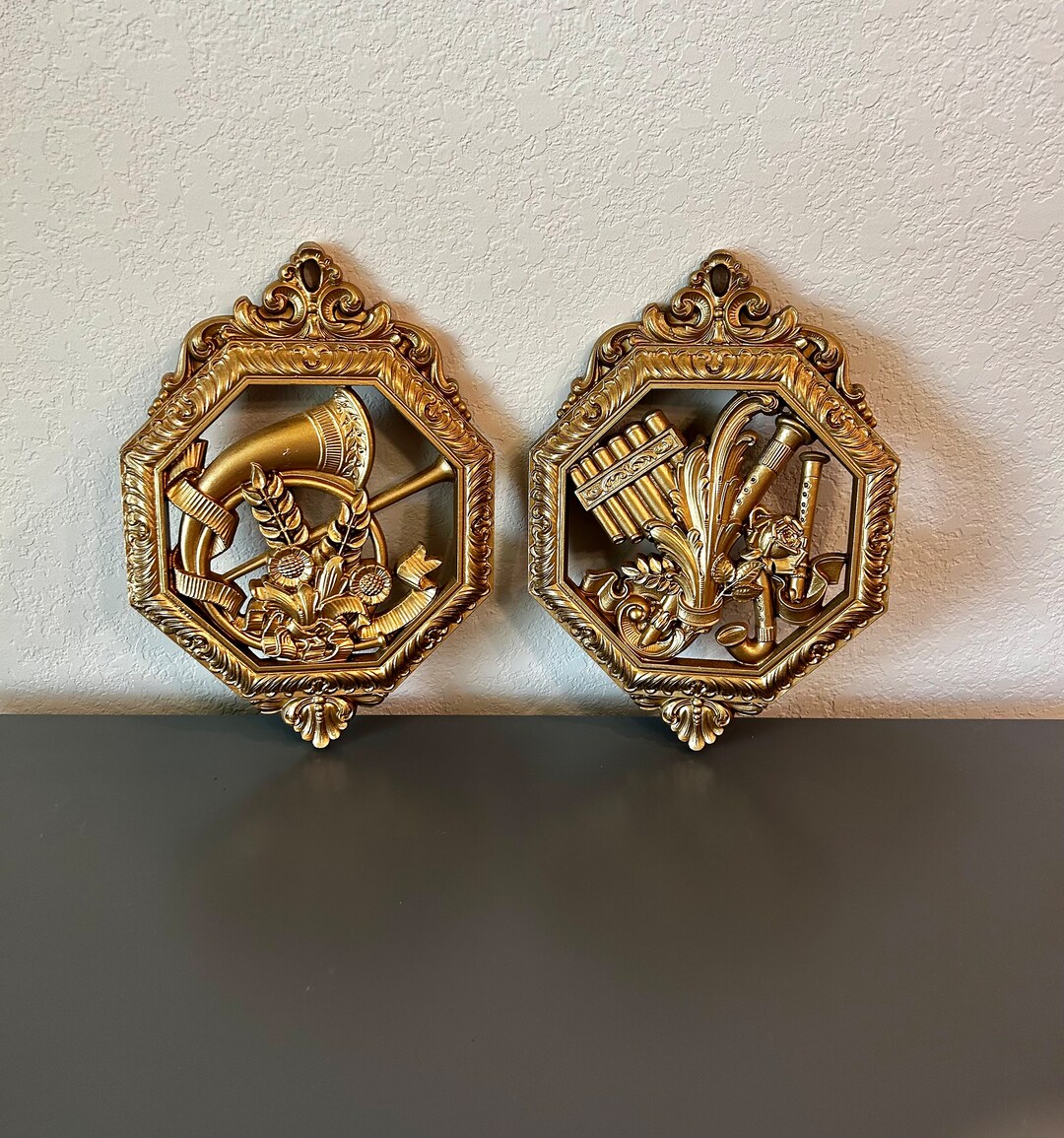 Homco Gold Musical Instrument Wall Hangings Set of 2 Orchestra Music ...