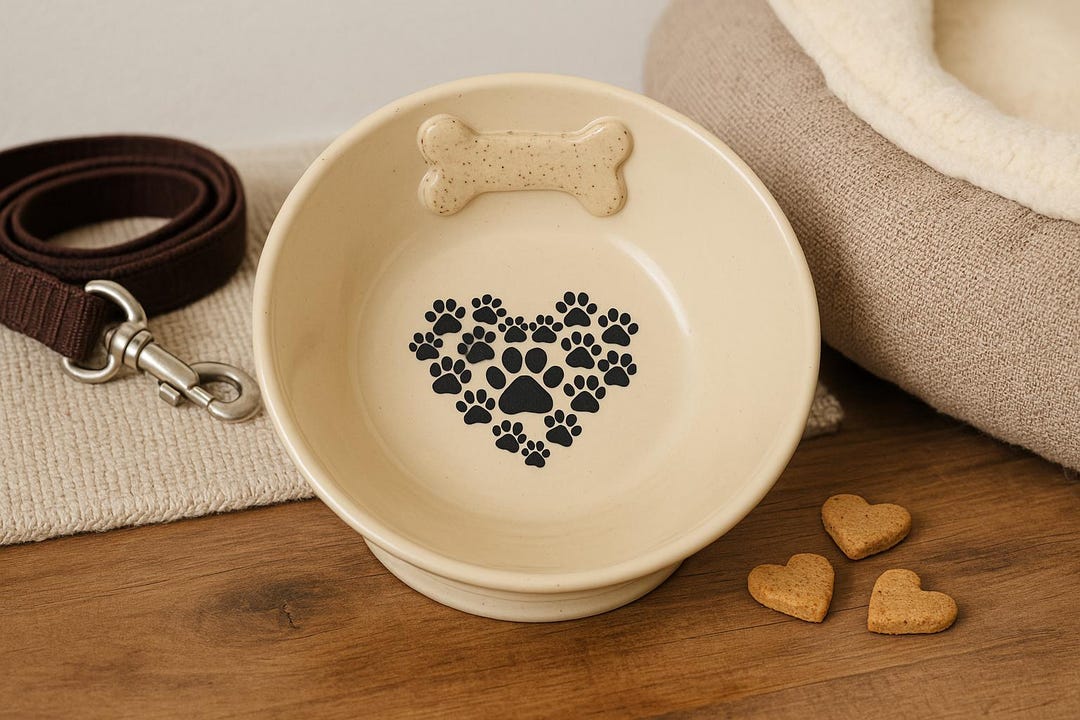 Handmade Ceramic Dog Bowl: Paw Print Heart & Bone Detail - Etsy