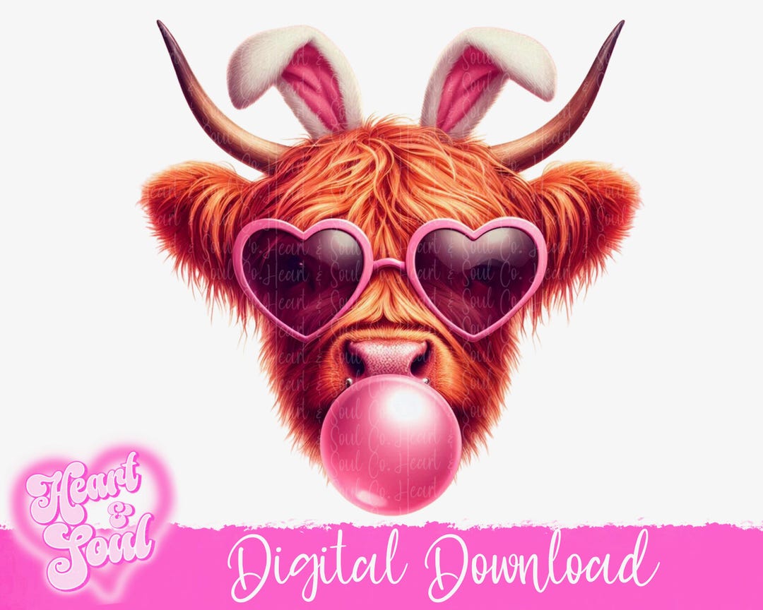 Highland Cow Easter Bunny Ears PNG – Trendy Animal Art (digital ...