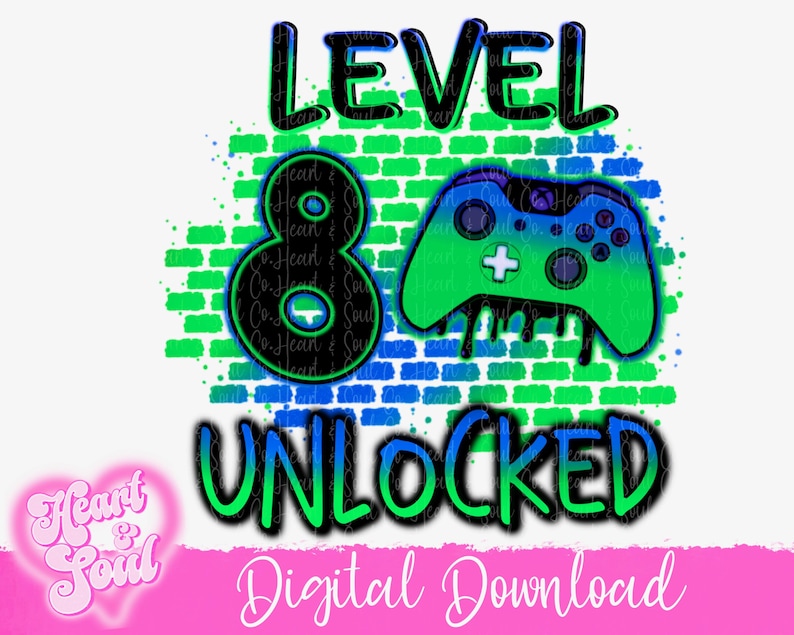 Level 8 Birthday PNG- Gamer Birthday PNG- Airbrush Birthday Gamer ...