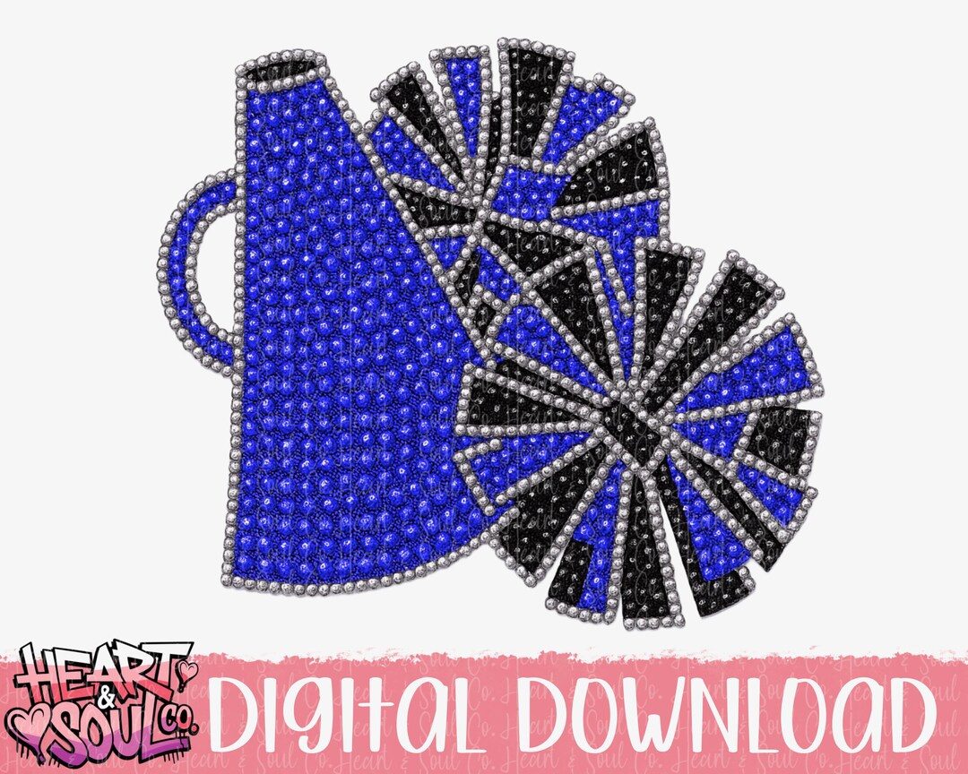 Blue & Black Cheer Megaphone and Pom Pom Rhinestone PNG (digital ...