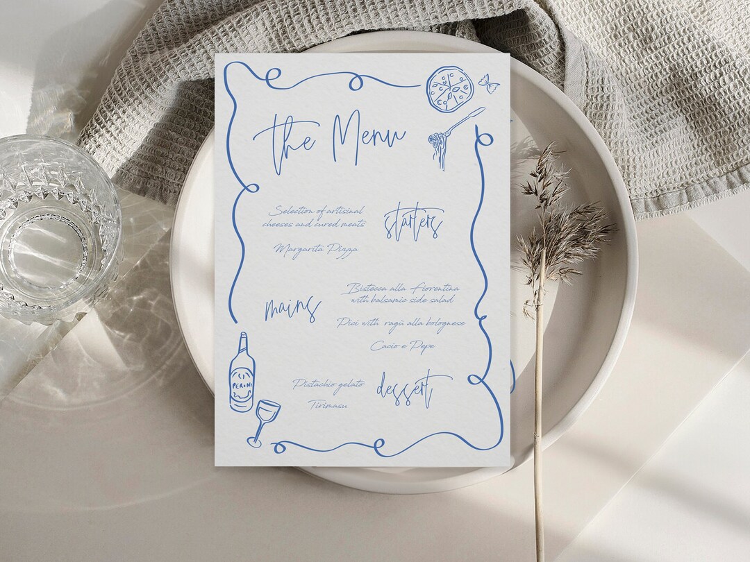 Hand Drawn Wedding Menu European Wedding Theme Pasta Wine Illustrations ...