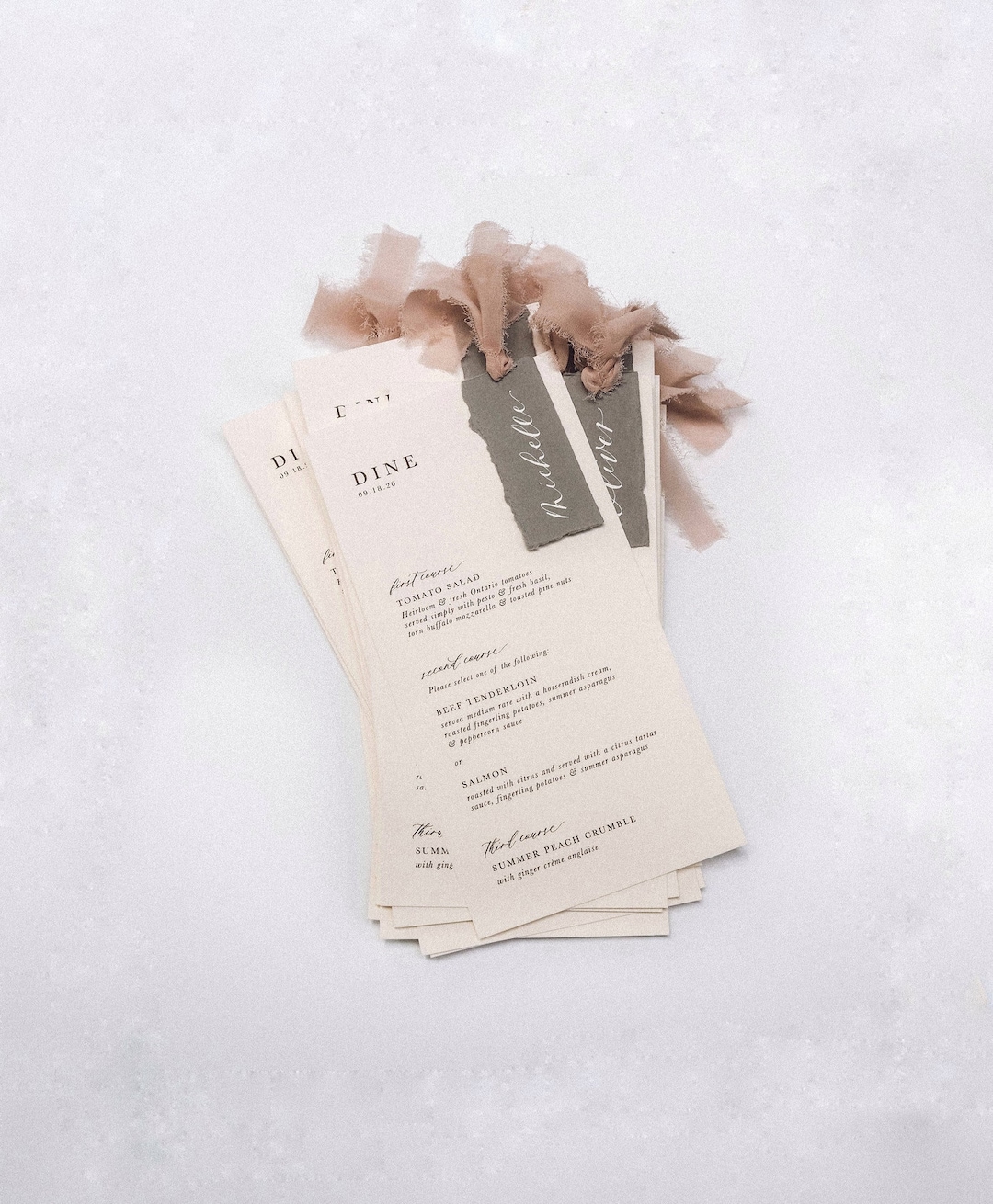 Deckled Edge Wedding Menu: Calligraphy Place Card, Silk Ribbon - Etsy