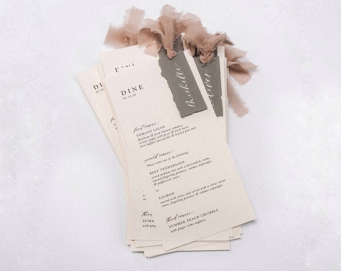 Deckled Edge Wedding Menu: Calligraphy Place Card, Silk Ribbon - Etsy
