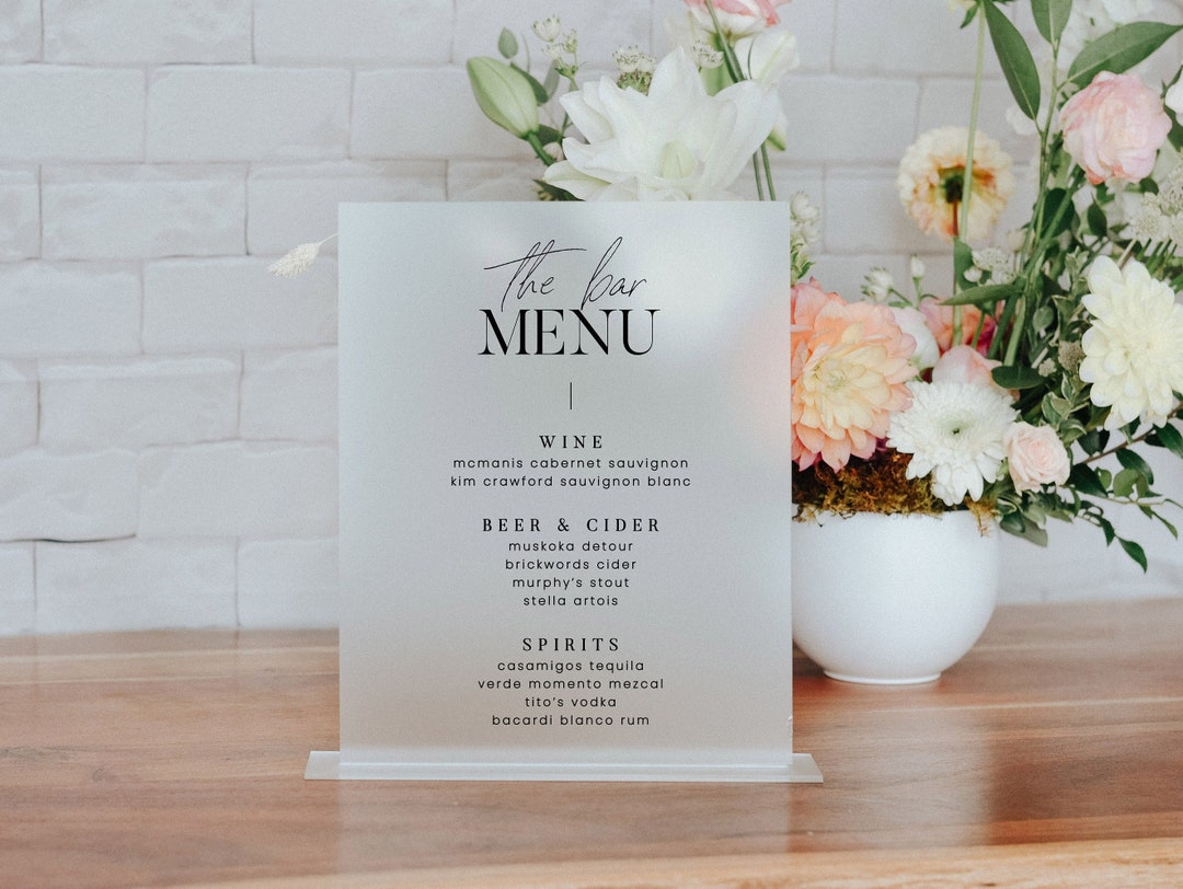 Frosted Acrylic Bar Menu Sign: Modern Wedding Decor (8x10" or 11x14 ...