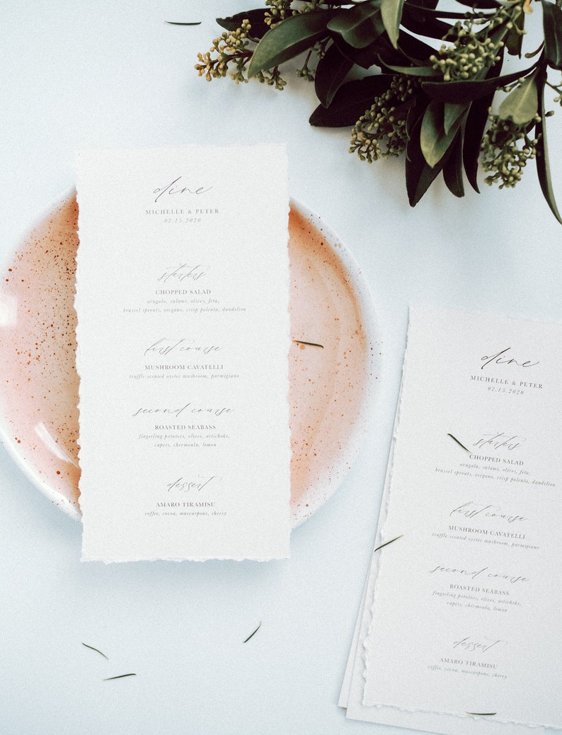 Modern Minimal Wedding Menus on Thick 4x8 Card Stock With Deckled Edge ...