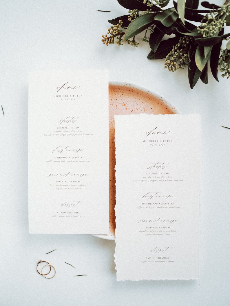 Modern Minimal Wedding Menus on Thick 4x8 Card Stock With Deckled Edge ...